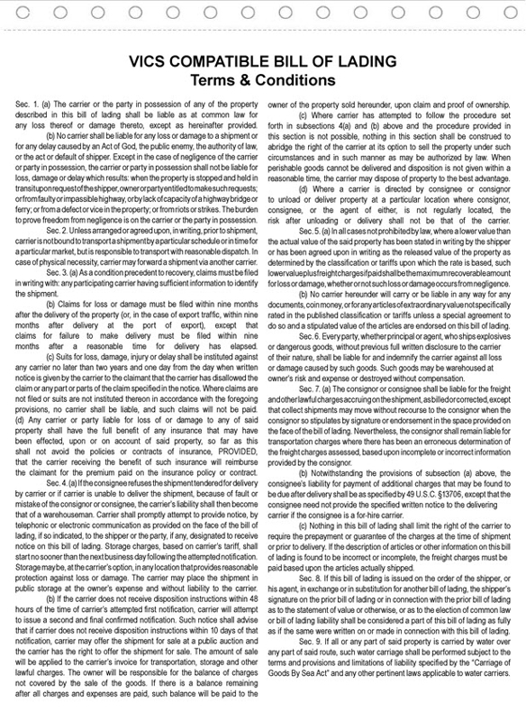 Custom imprinted VICS Bill of Lading, we print your company name etc, 4 ...